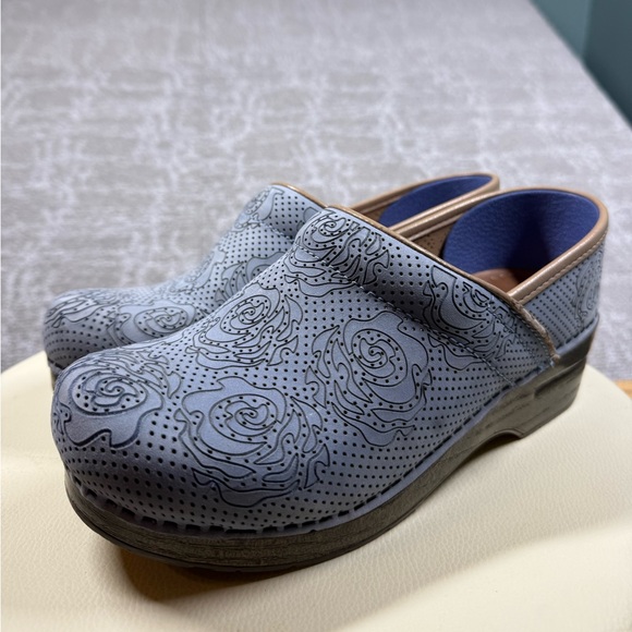 Dansko | Shoes | Dansko Suede Floral Perforated Blue Slip On Work Clog ...